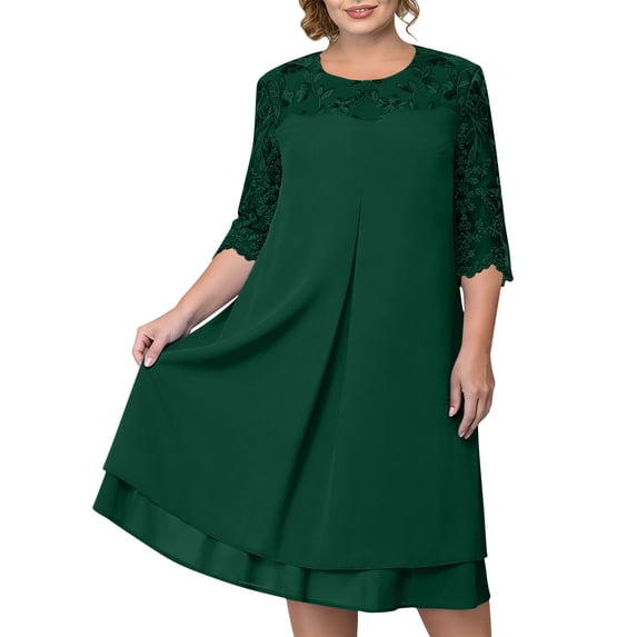 Ahabrexf Women's Plus Size Embroidered Floral Chiffon Round Neck Five ...