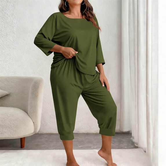 Ahabrexf Women's Plus Size Pants, Two-Piece Lounge Set with Long Sleeve ...