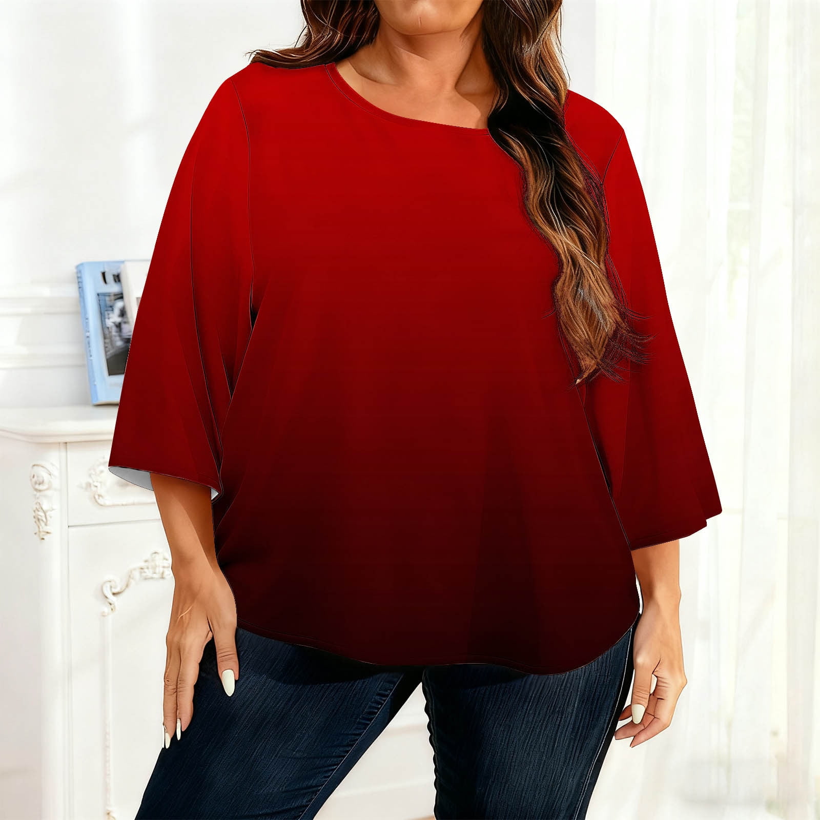 Ahabrexf Women's Plus Size T-Shirt, Casual Gradient Color Long Sleeve ...