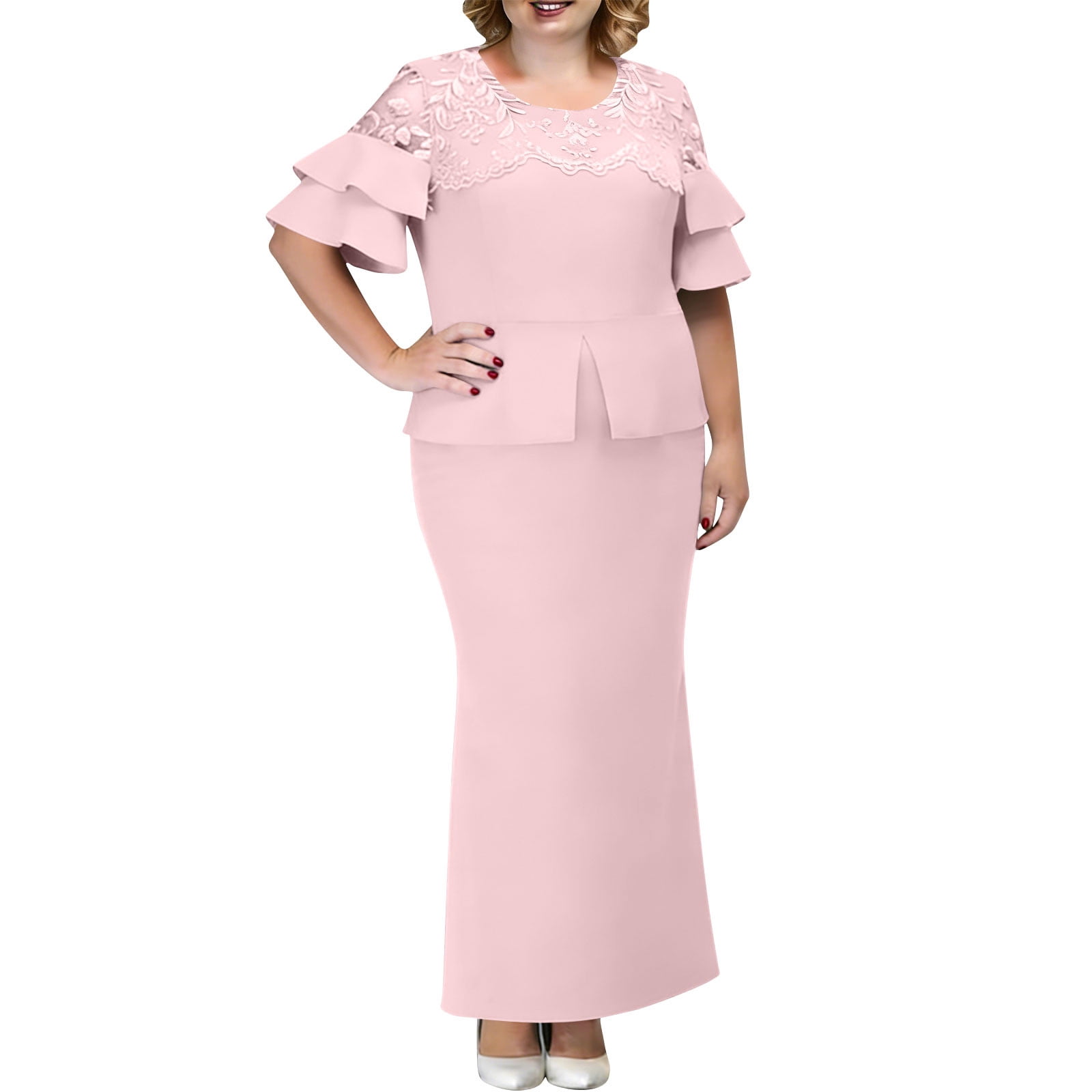 Ahabrexf Women's Plus Size Two-Piece Short Sleeve Lace Embroidery Long ...