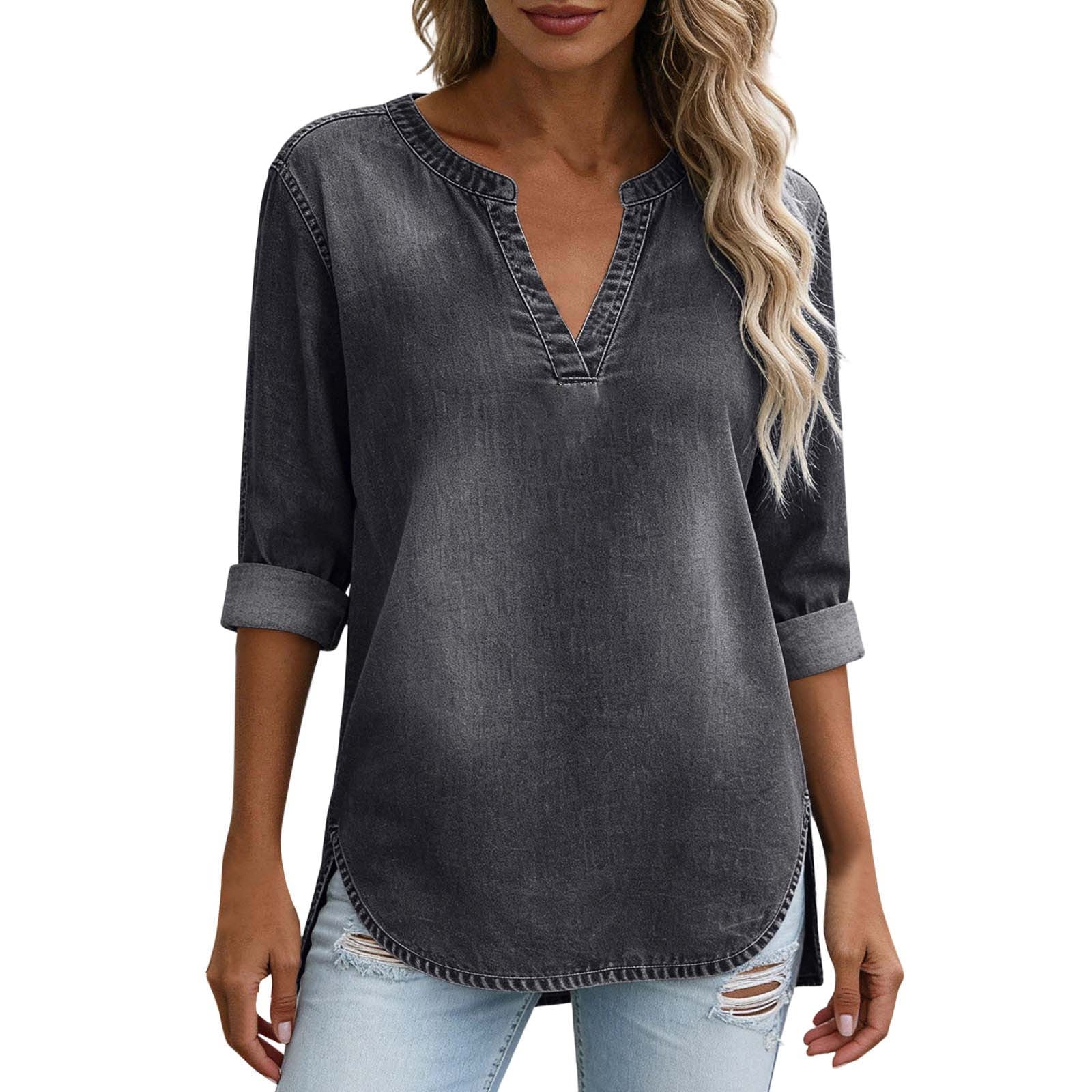 Ahabrexf Women's Shirt V Neck 3/4 Sleeve Loose Tunic Top Vintage Washed ...