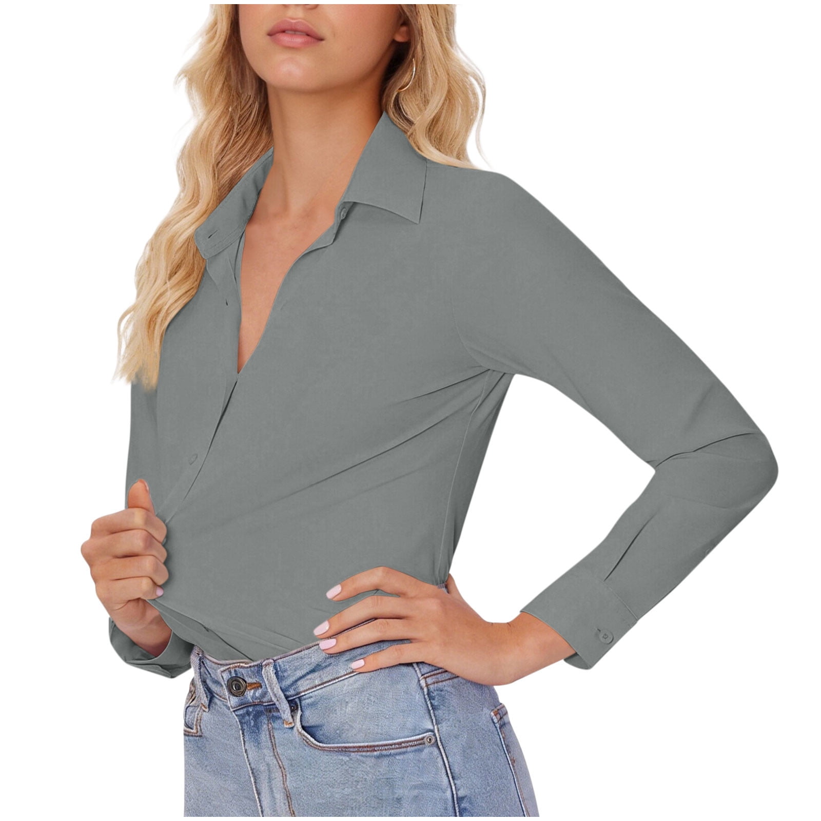Ahabrexf Women's Shirts, Fitted Button-Down Tops with Stretch Poplin ...