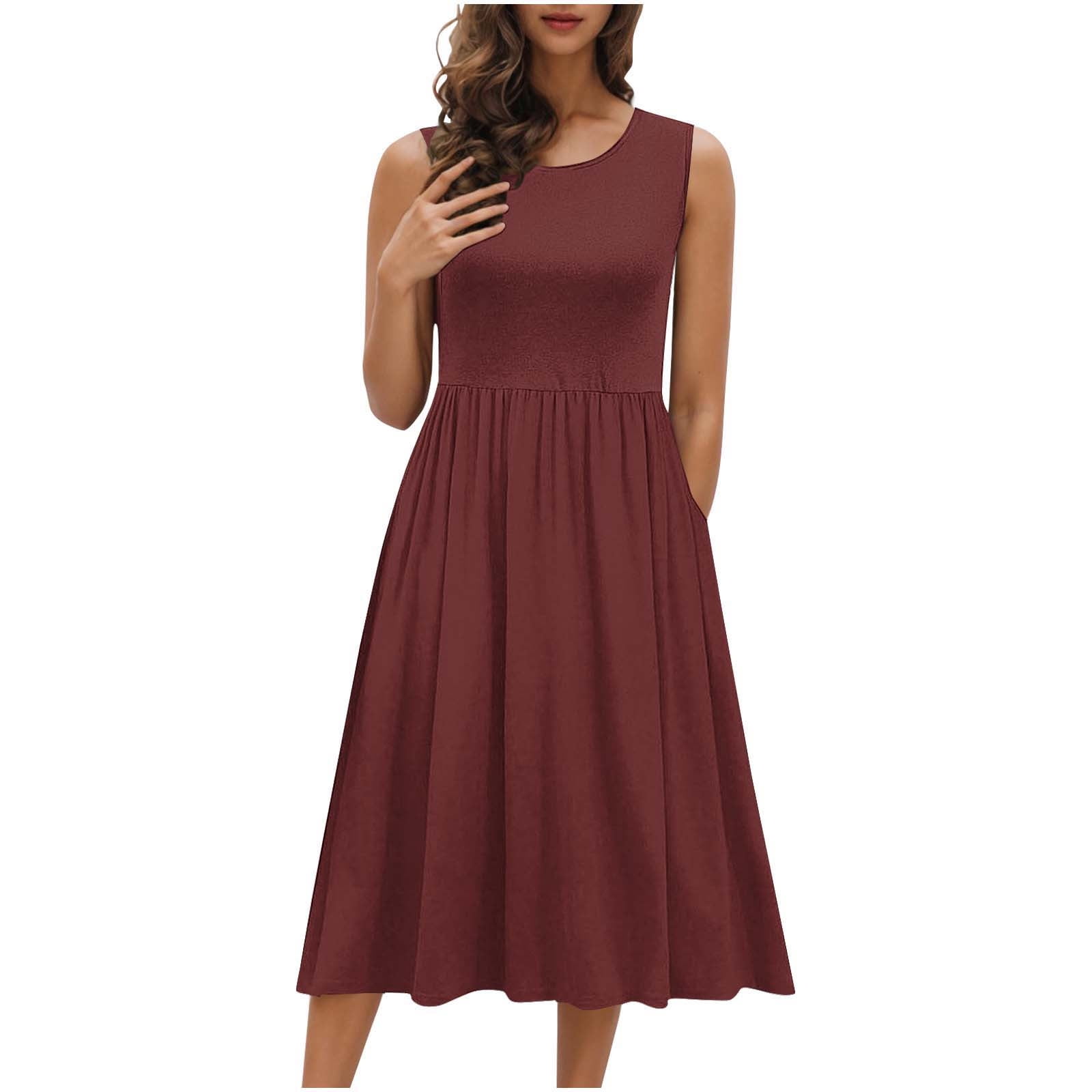 Ahabrexf Women's Sleeveless Round Neck Summer Dress A Line Boho ...