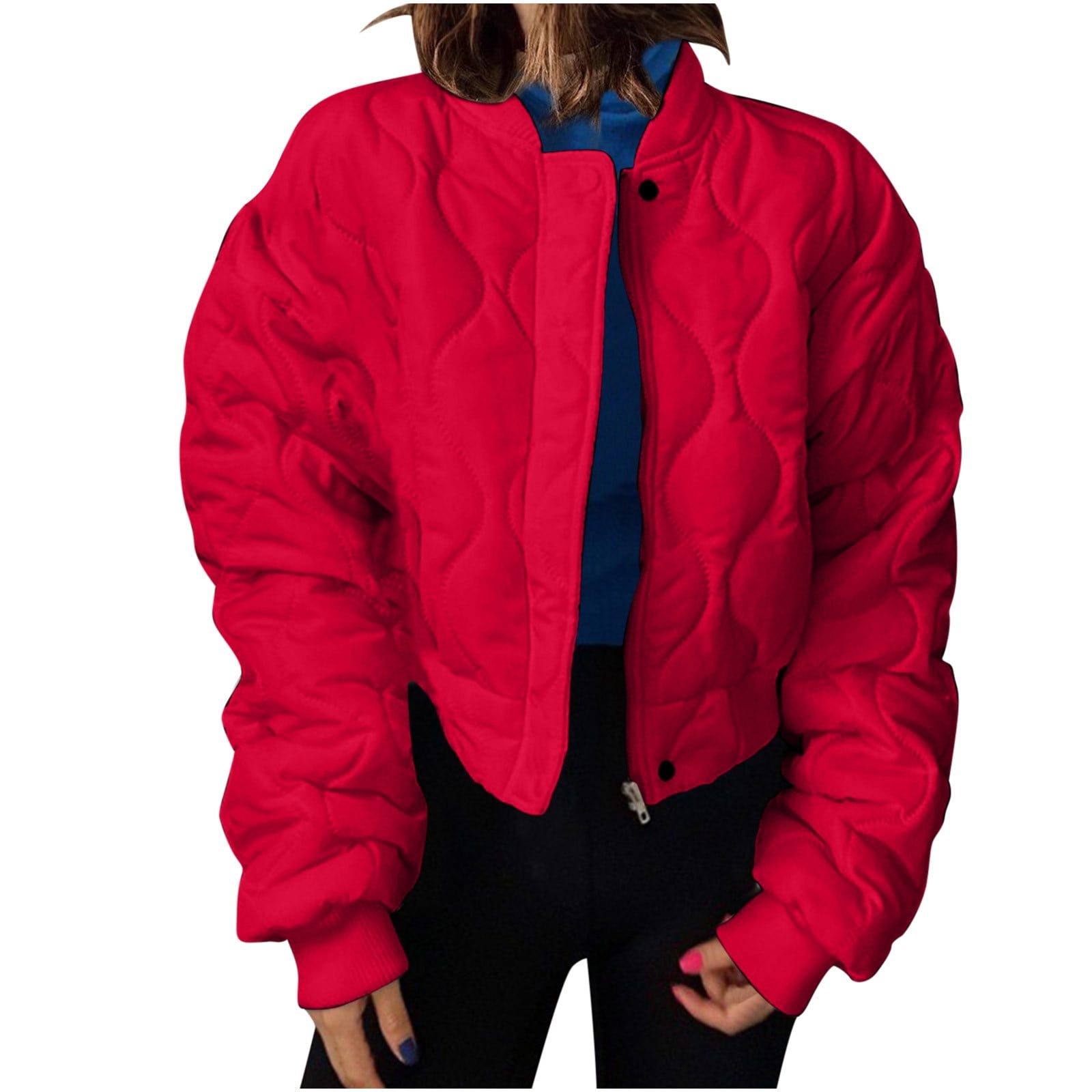 Ahabrexf Women's Solid Color Down Jacket Baseball Jacket Loose Jacket ...