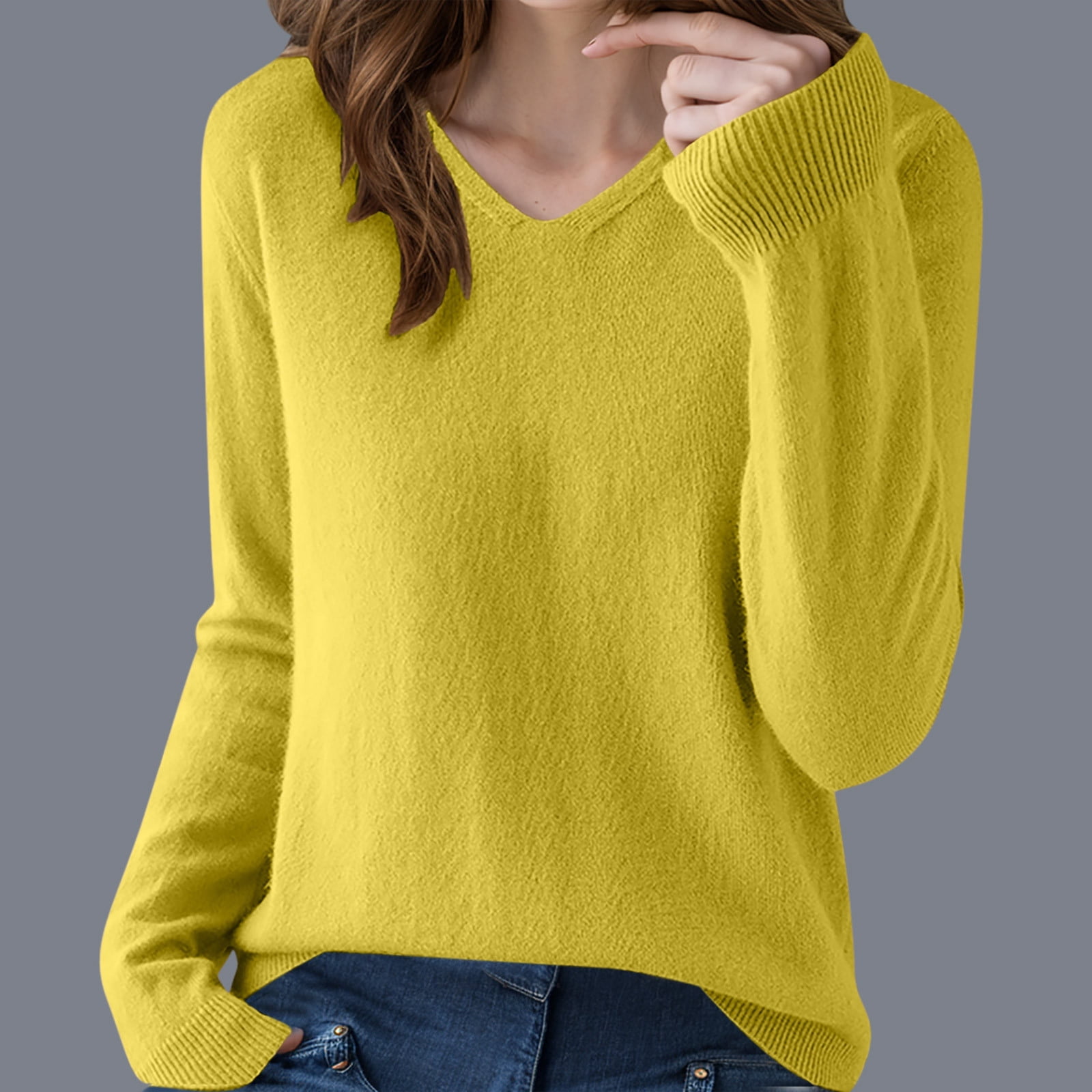 Ahabrexf Women's Solid Color Long Sleeved V-neck Knitted Sweater Thin ...