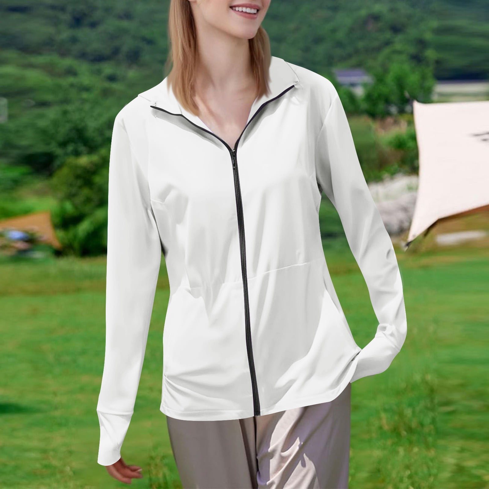 Ahabrexf Womens Casual Tops Women's Solid Color Zipper Hooded Casual ...