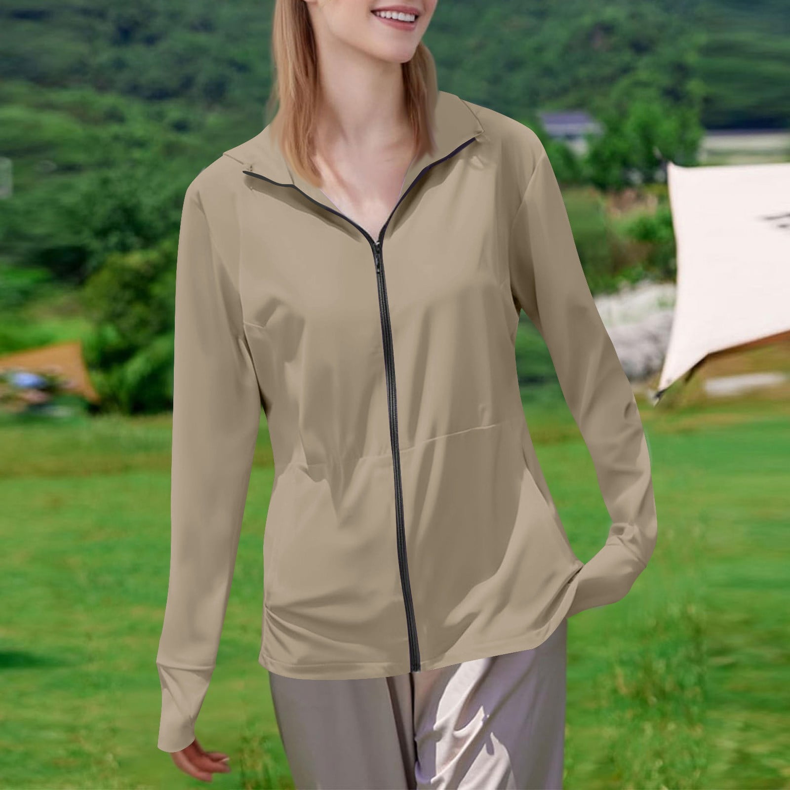 Ahabrexf Womens Casual Tops Women's Solid Color Zipper Hooded Casual ...