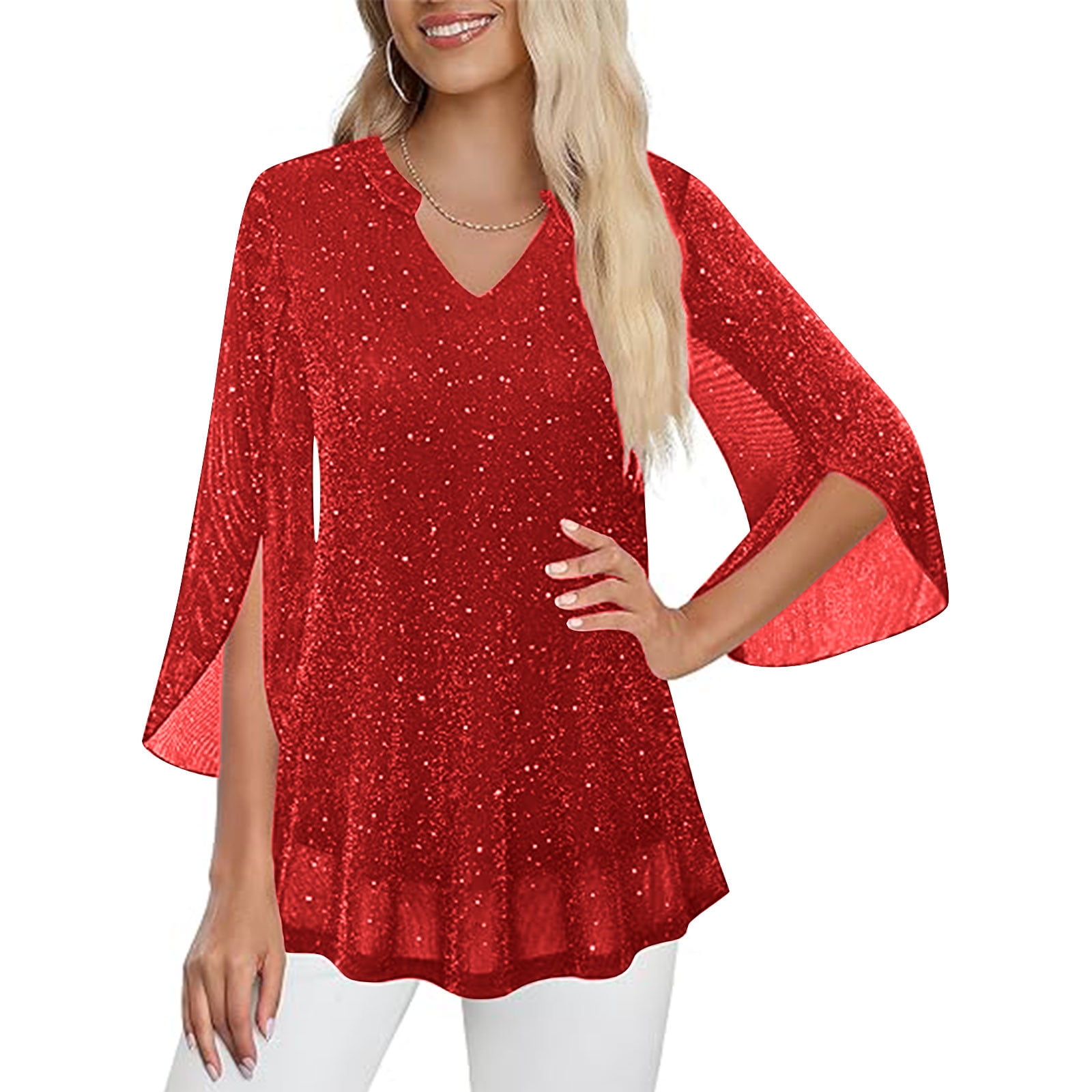Ahabrexf Women's Sparkling Mesh Gold V-Neck Three-Quarter Sleeve Top ...