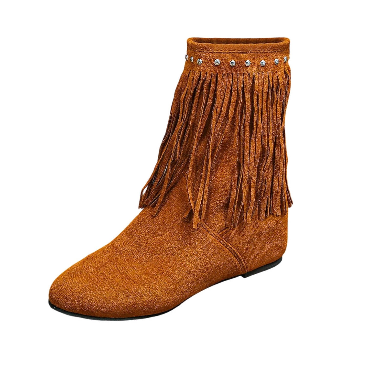 Ahabrexf Women's Suede Fringe Boots Mid-Calf Flat Easy-On Casual Winter ...