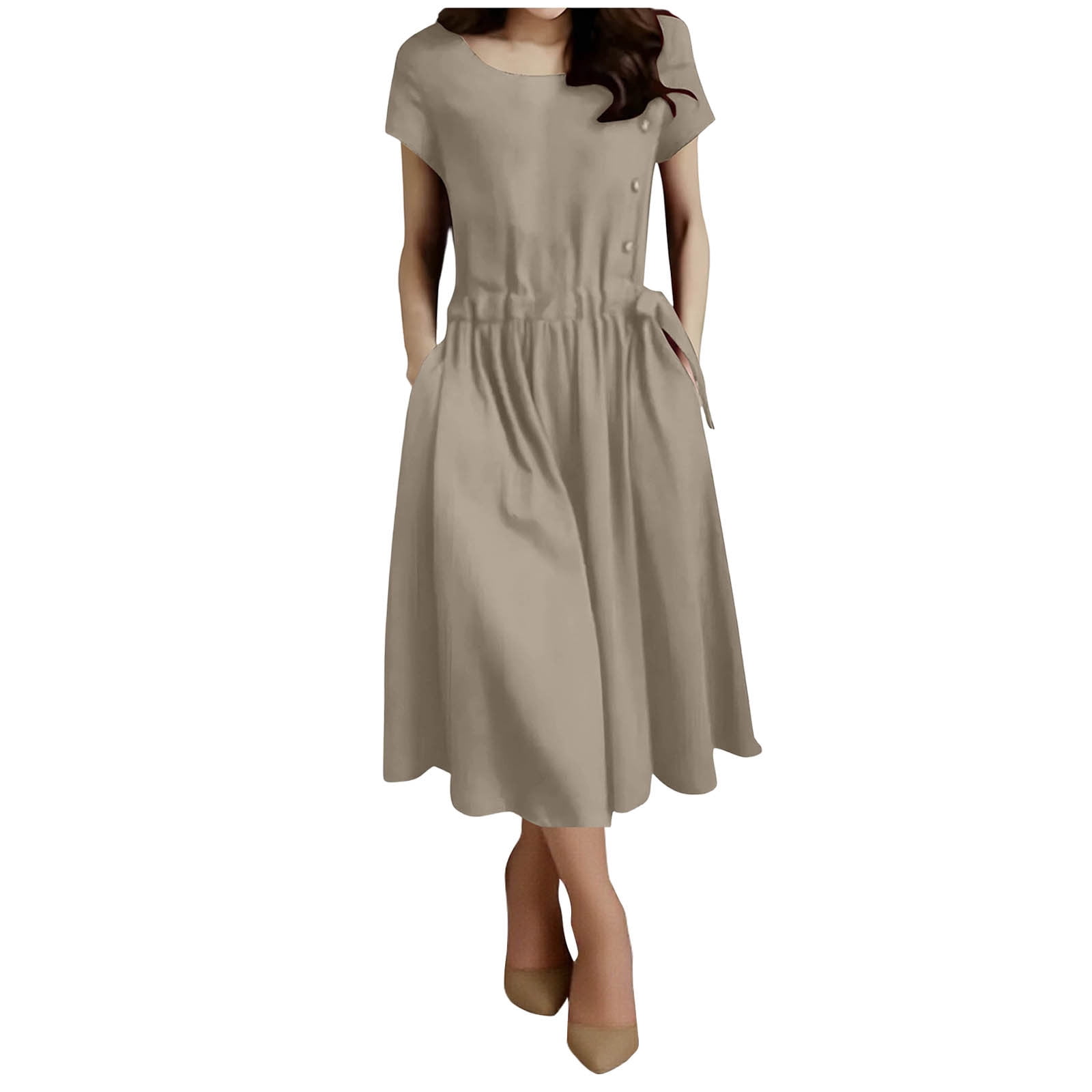 Ahabrexf Women's Summer Solid Color Cotton Linen Mid-Length Lace Up ...