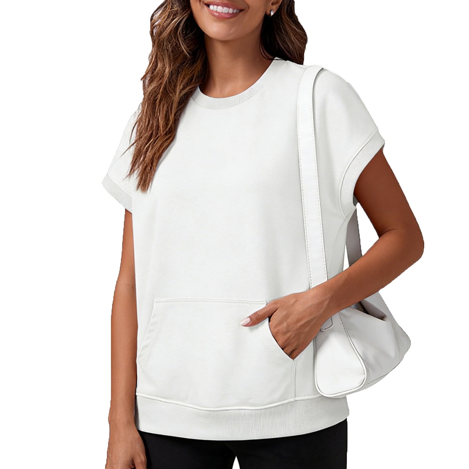 Ahabrexf Women's Sweatshirt, Short Sleeve Pullover with Front Pocket in ...