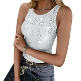 Ahabrexf Women's Tank Tops, Sleeveless Sequin Embellished Round Neck ...