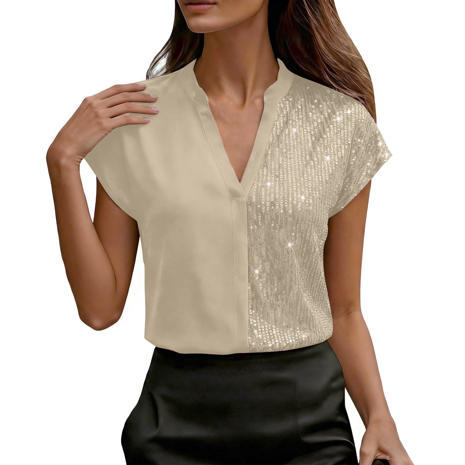 Ahabrexf Women's Top, V-Neck Sequin Embellished Batwing Sleeve Blouse ...