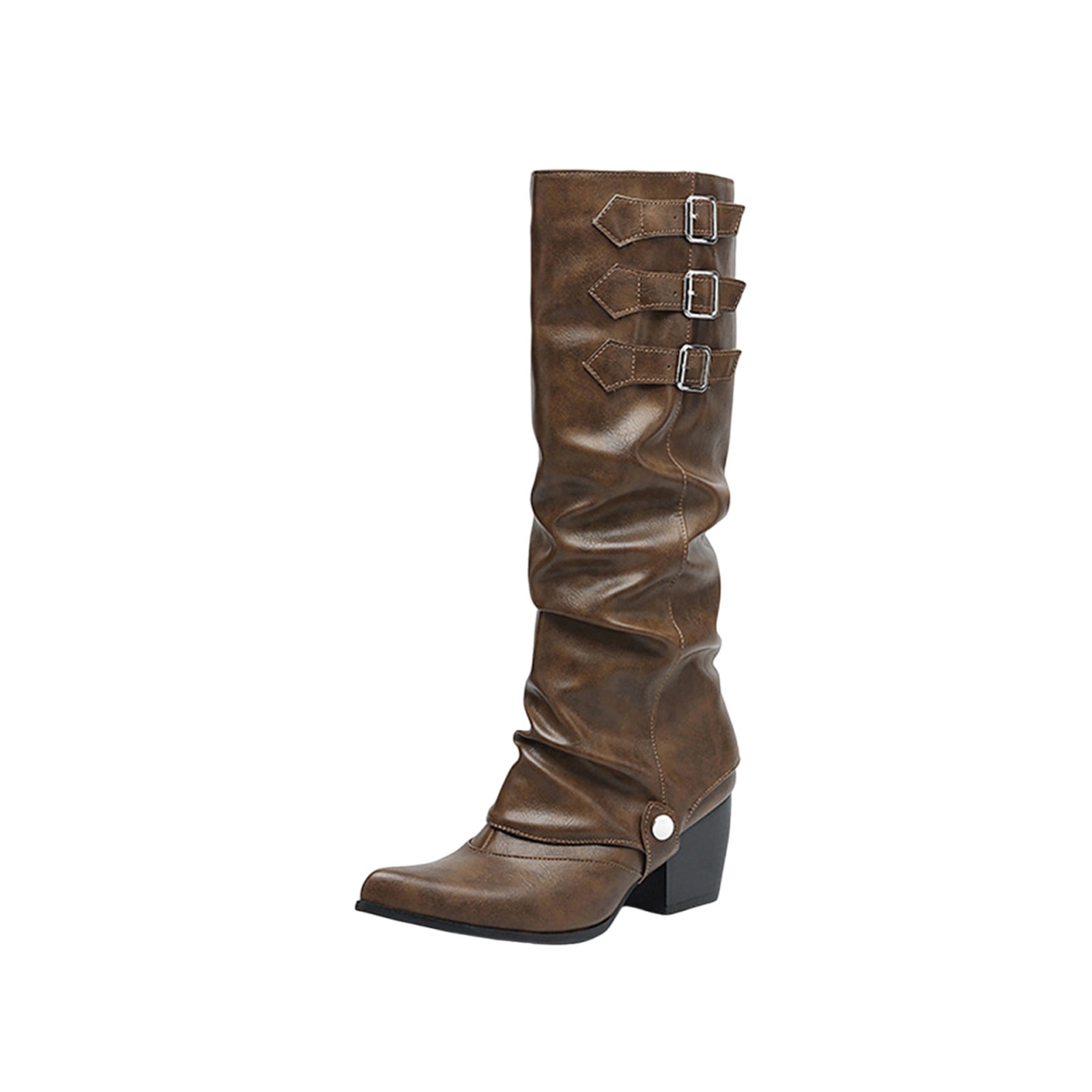Ahabrexf Women's Western Boots Chunky Heel Mid Calf Distressed Leather ...