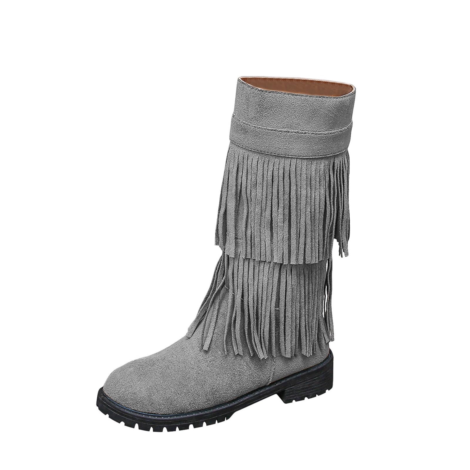 Ahabrexf Women's Western Boots Mid Calf Faux Suede Double Layer Fringe ...