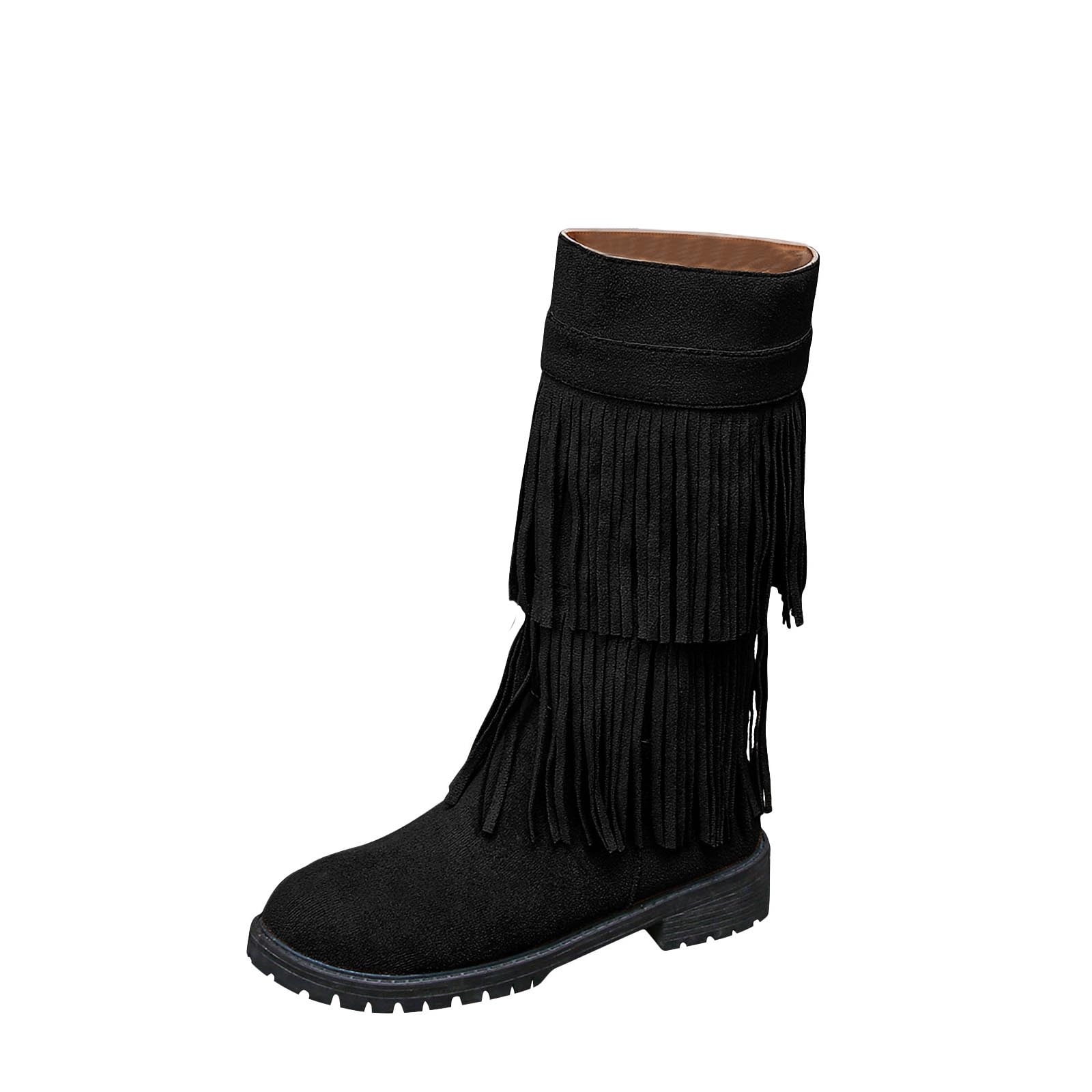 Ahabrexf Women's Western Boots Mid Calf Faux Suede Double Layer Fringe ...
