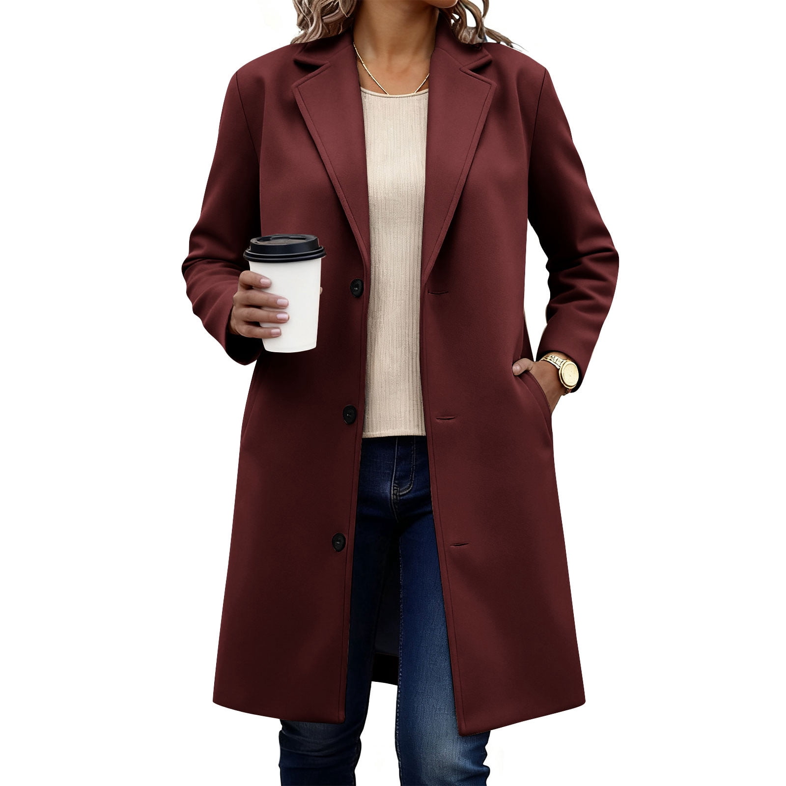 Ahabrexf Long Wool Coat, Women's Solid Thickened Stand Collar Pea Coat ...