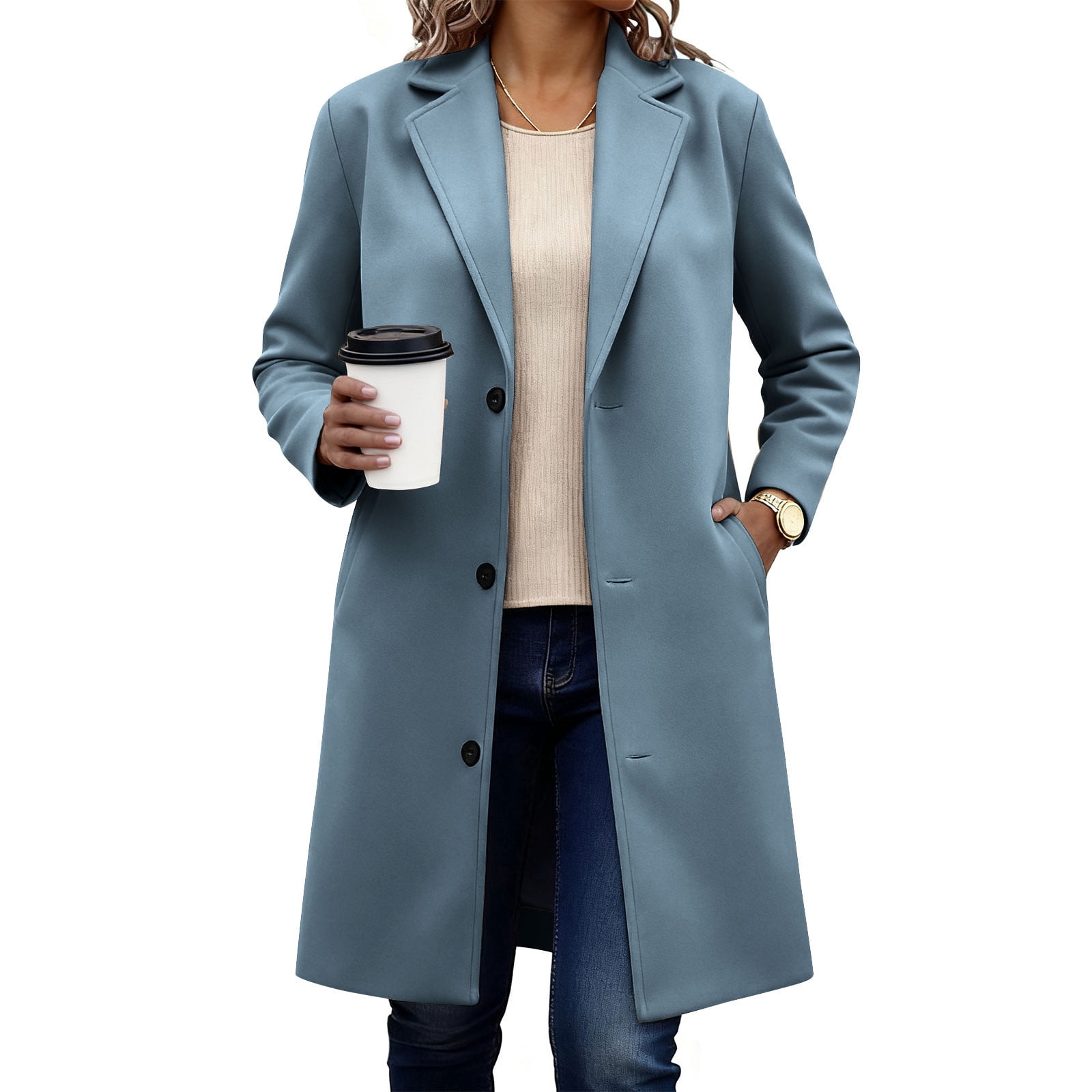Ahabrexf Long Wool Coat, Women's Solid Thickened Stand Collar Pea Coat ...