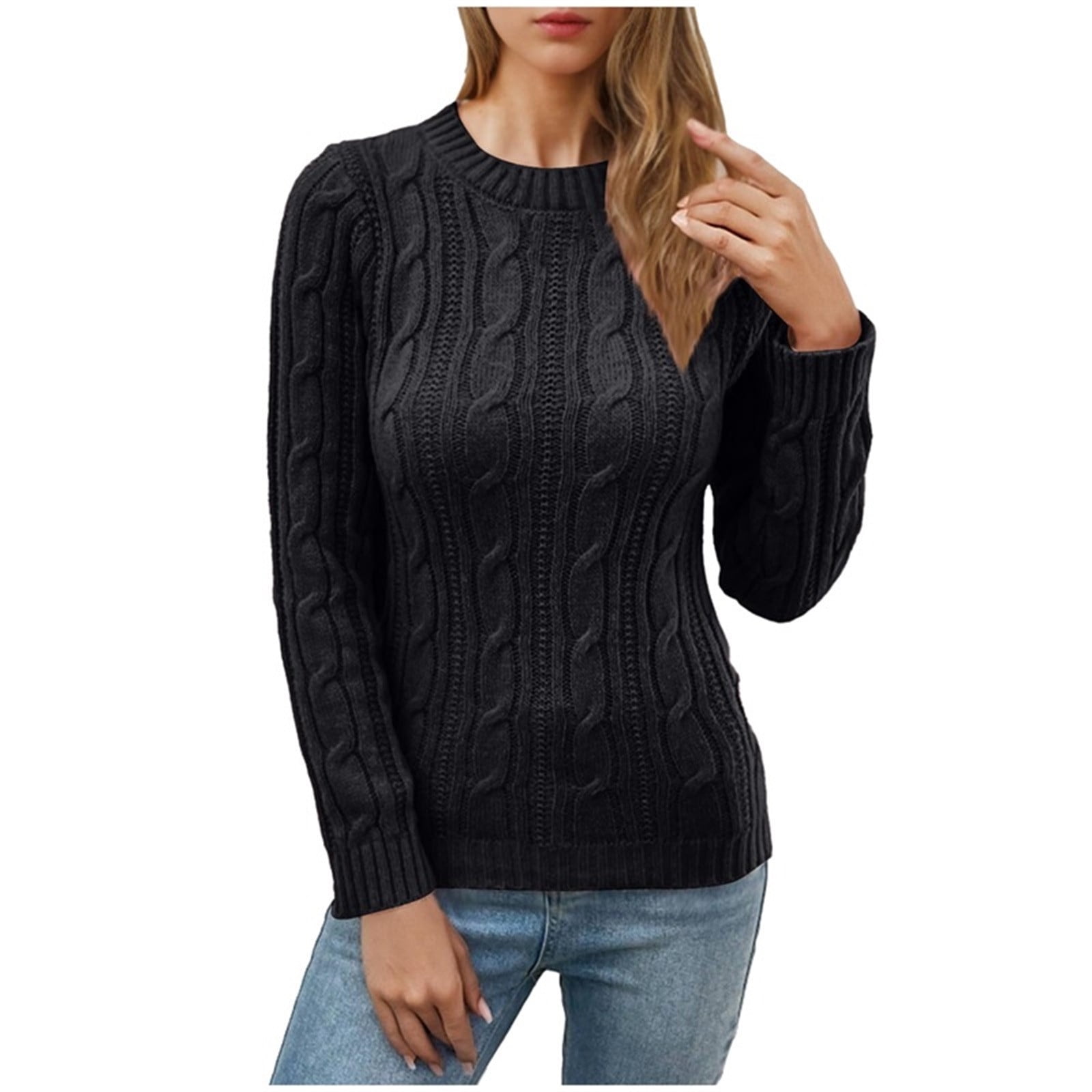 Ahabrexf Women's Winter Loose Solid Sweater Long Sleeve Round Neck ...
