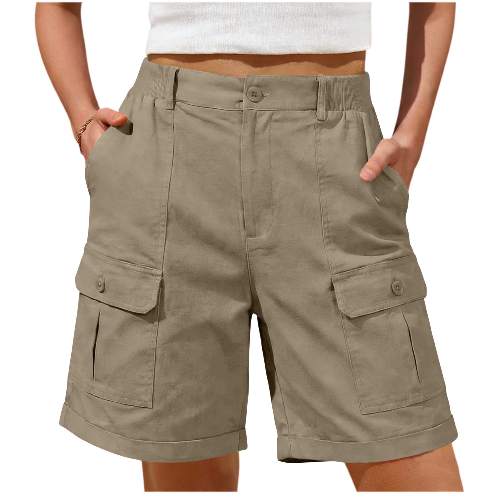 Ahabrexf Womens Cargo Pants Solid Color Elastic Waistband Multi-Pocket ...
