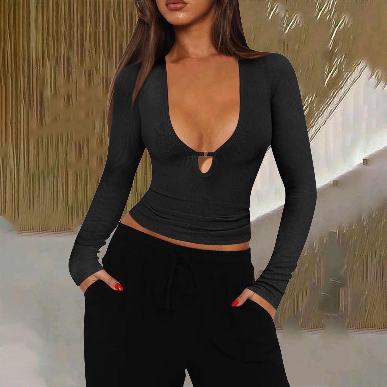 Ahabrexf Womens Fashion Tops,Solid Color Long Sleeve V-Neck Hollow ...