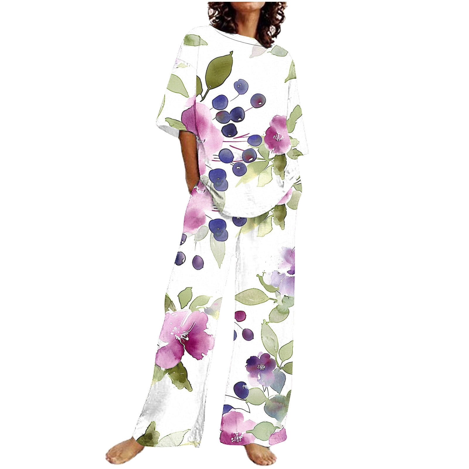 Ahabrexf Womens Floral Cotton Linen Sets 2 Piece Summer Outfits Casual ...