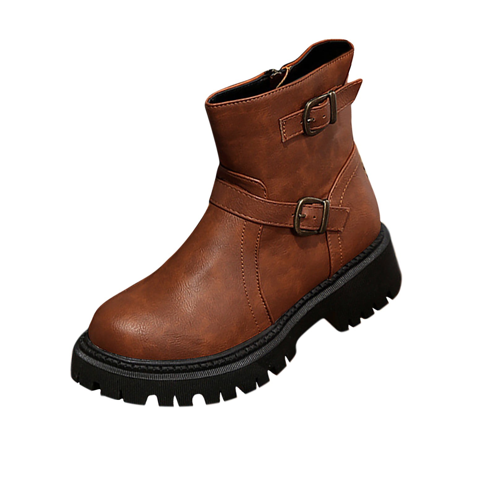 Ahabrexf Womens Martin Ankle Boots Faux Leather Thick Sole Side Zipper ...