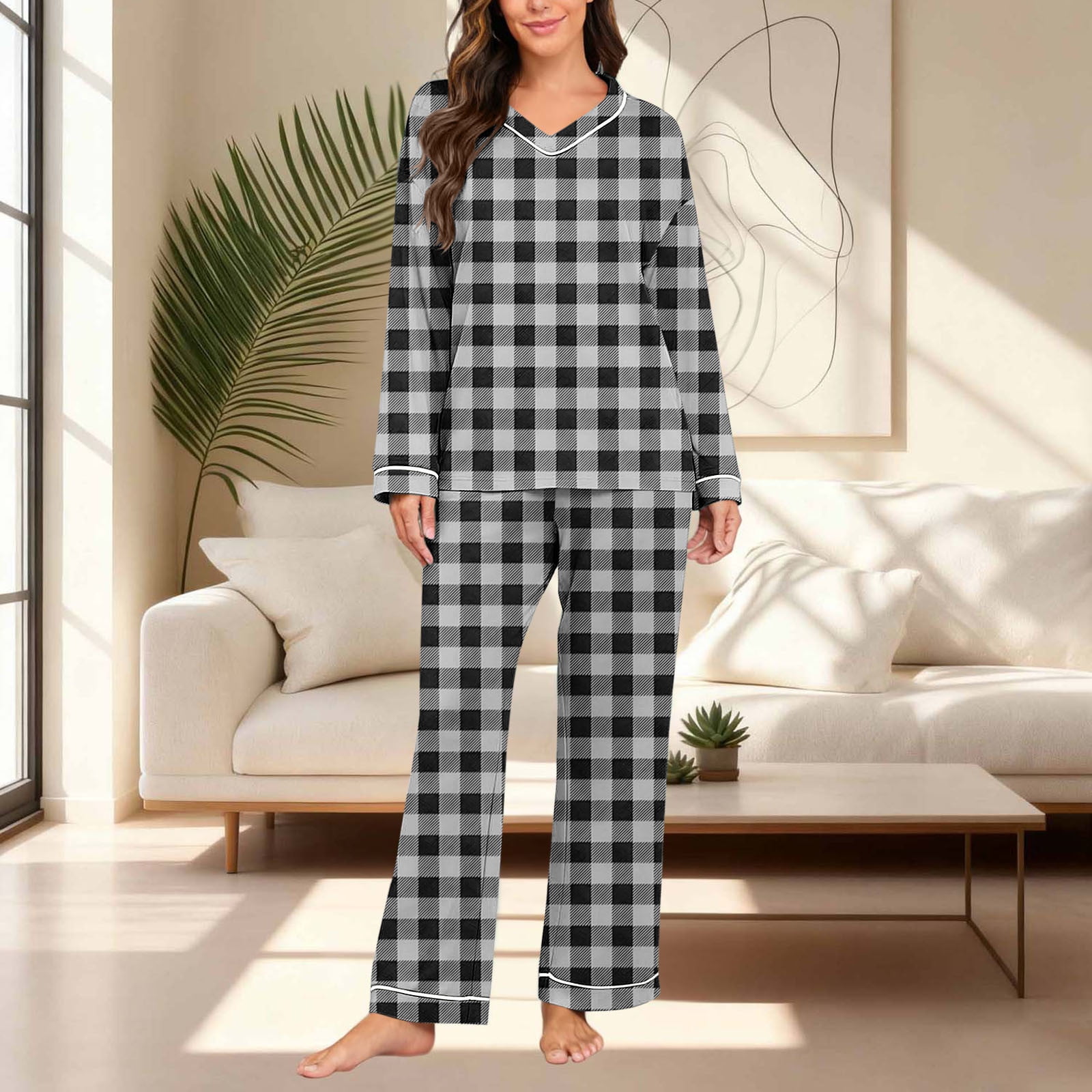 Ahabrexf Womens Pajama Sets,Fashion Casual Loose Checkered Print V-Neck ...
