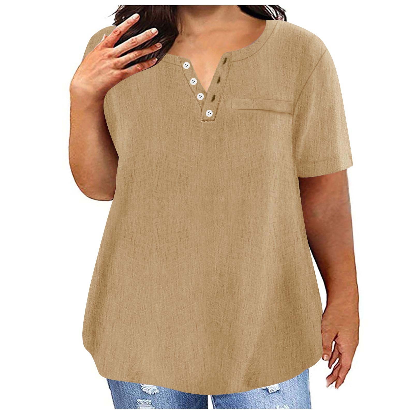 Ahabrexf Womens Plus Size Tops Summer Short Sleeve Henley Button Down T ...