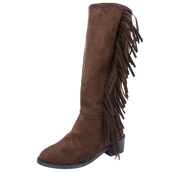 Ahabrexf Womens Suede Knee High Boots Square Toe Block Chunky Heel ...