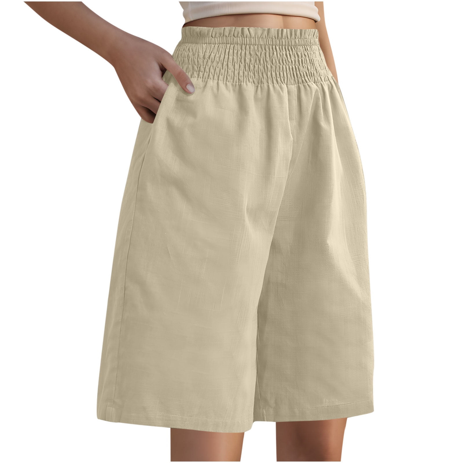 Ahdbta Bermuda Shorts for Women Knee Length Elastic High Waisted Wide ...