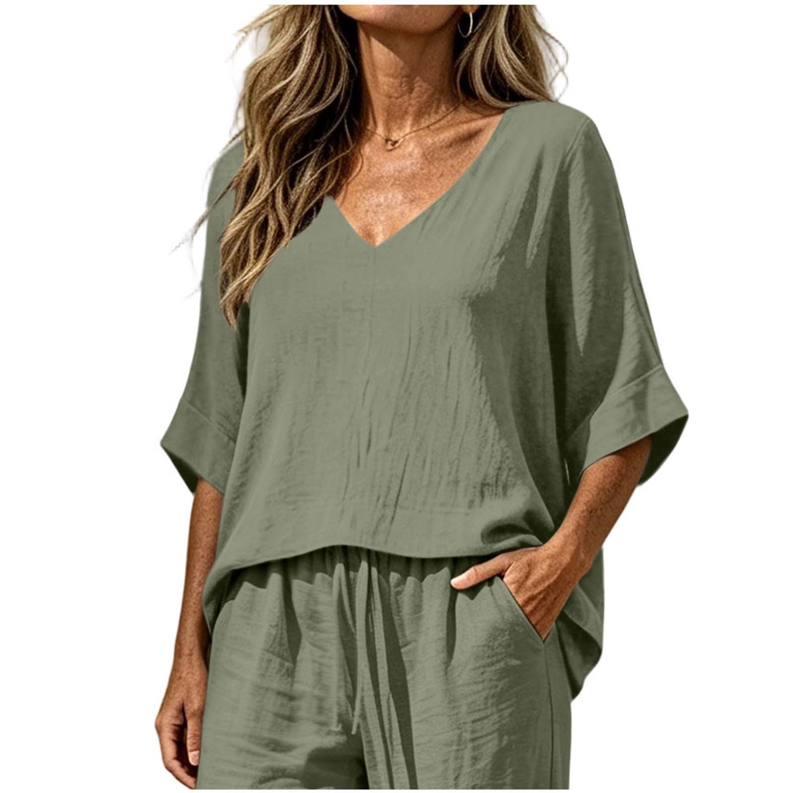 Ahdbta Cotton Linen Tops for Women Summer Short Sleeve V Neck Gauze ...