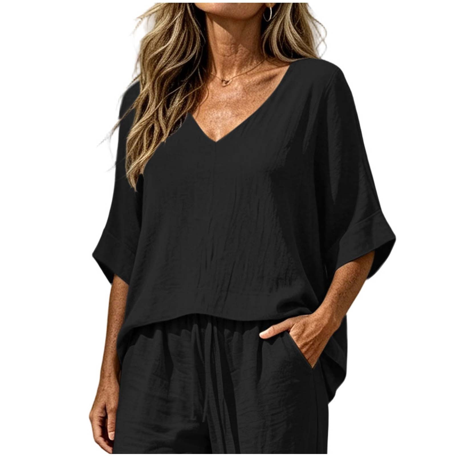 Ahdbta Cotton Linen Tops for Women Summer Short Sleeve V Neck Gauze ...