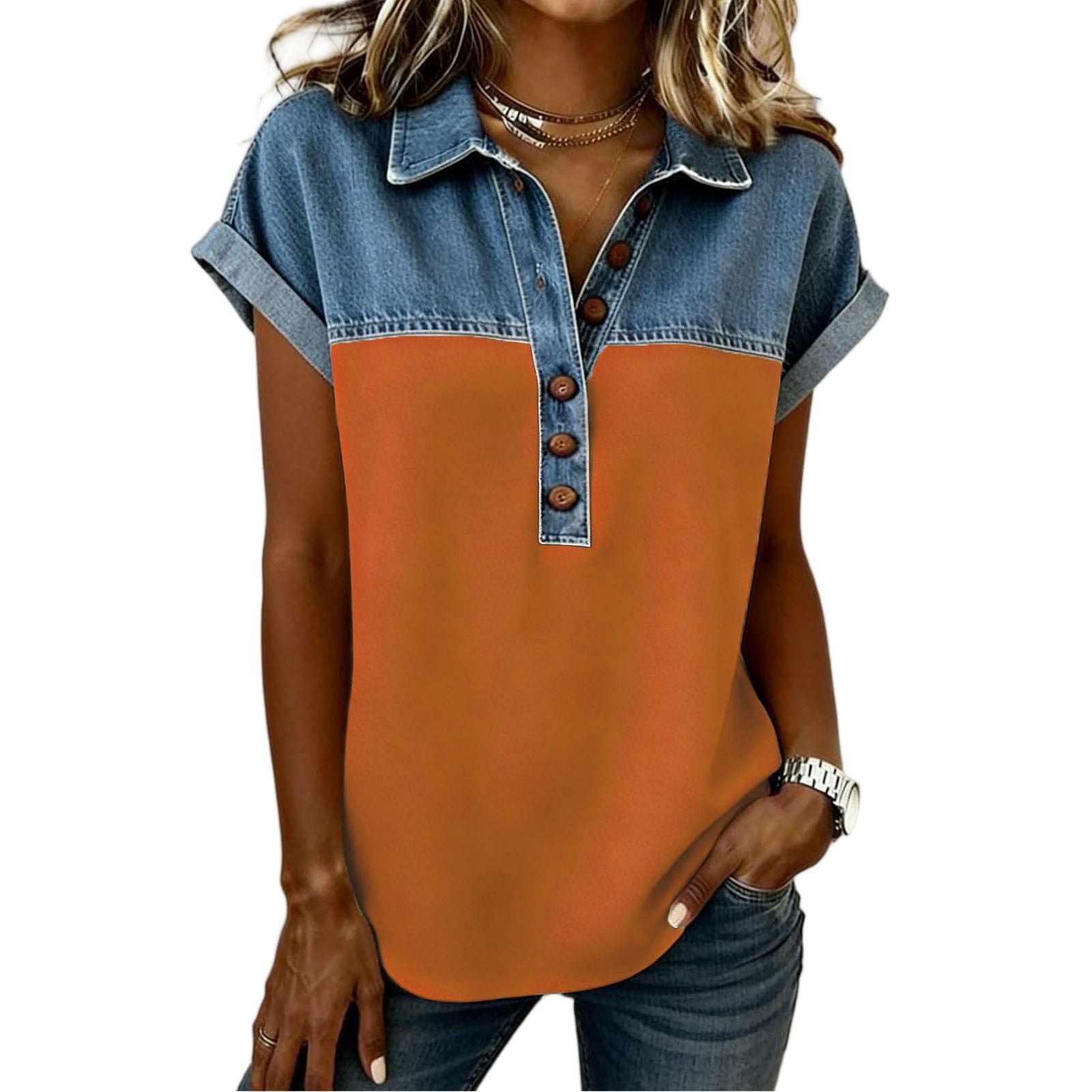 Ahdbta Faux Denim Shirts for Women Plus Size Button Up V Neck Collared ...