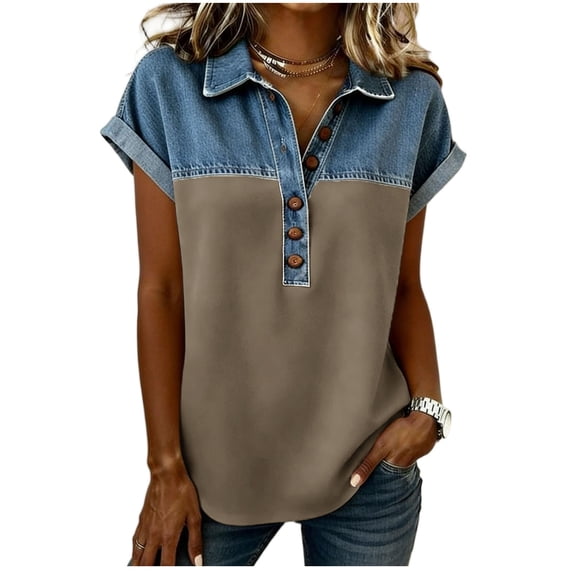 Ahdbta Faux Denim Shirts for Women Plus Size Button Up V Neck Collared ...