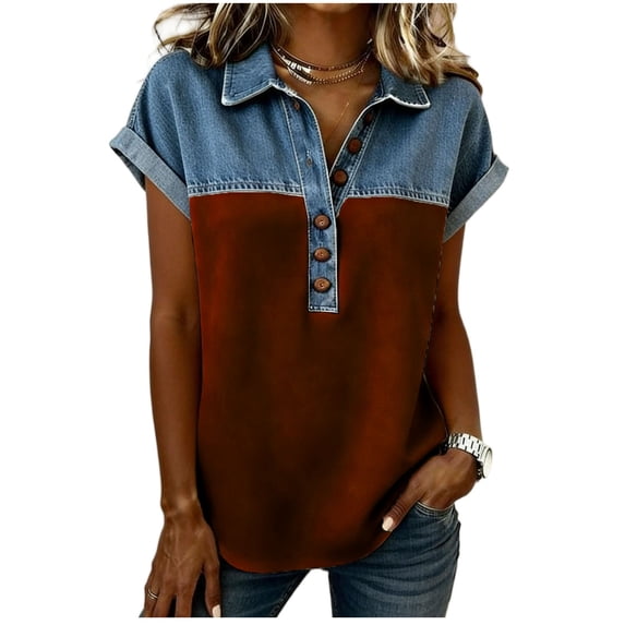 Ahdbta Faux Denim Shirts for Women Plus Size Button Up V Neck Collared ...