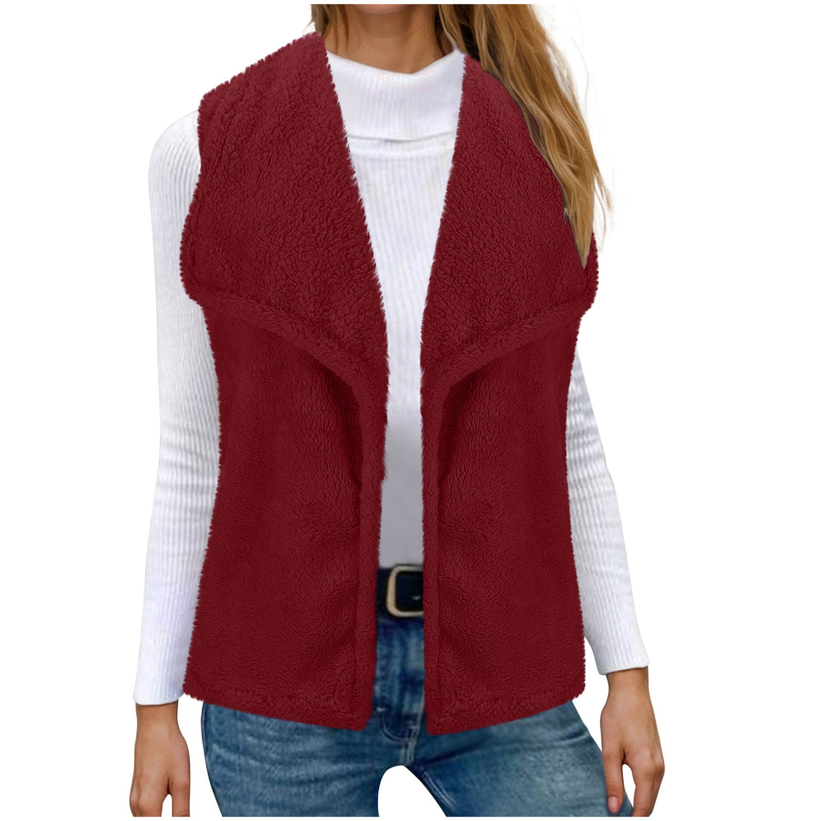 Ahdbta Fuzzy Fleece Vests for Women Open Front Sleeveless Lapel Jackets ...