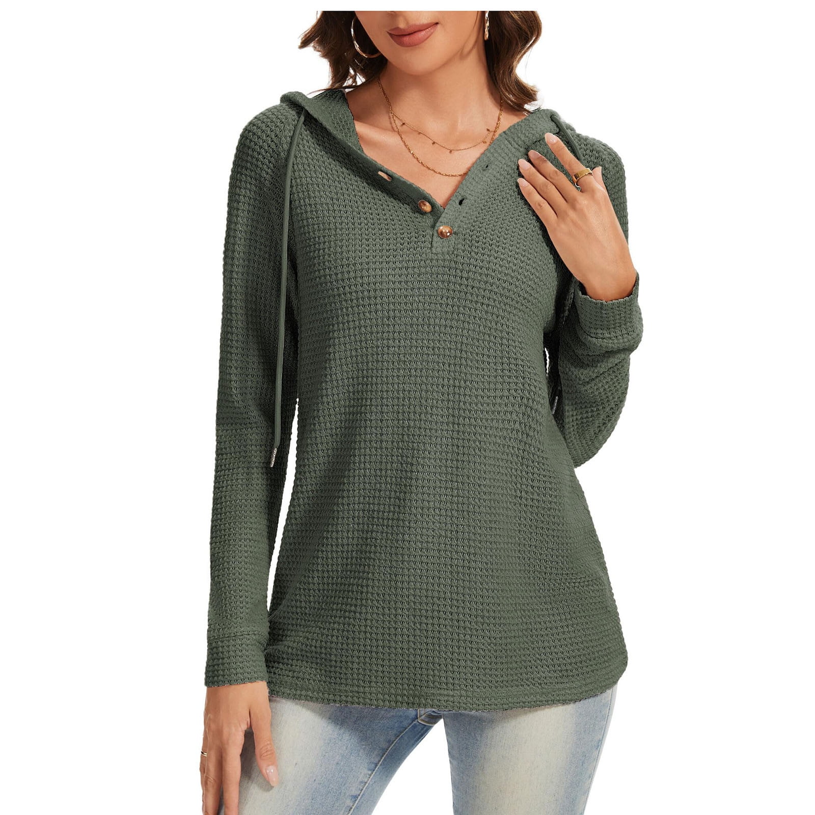 Ahdbta Hoodies for Womens Waffle Knit Long Sleeve Drawstring Pullover ...