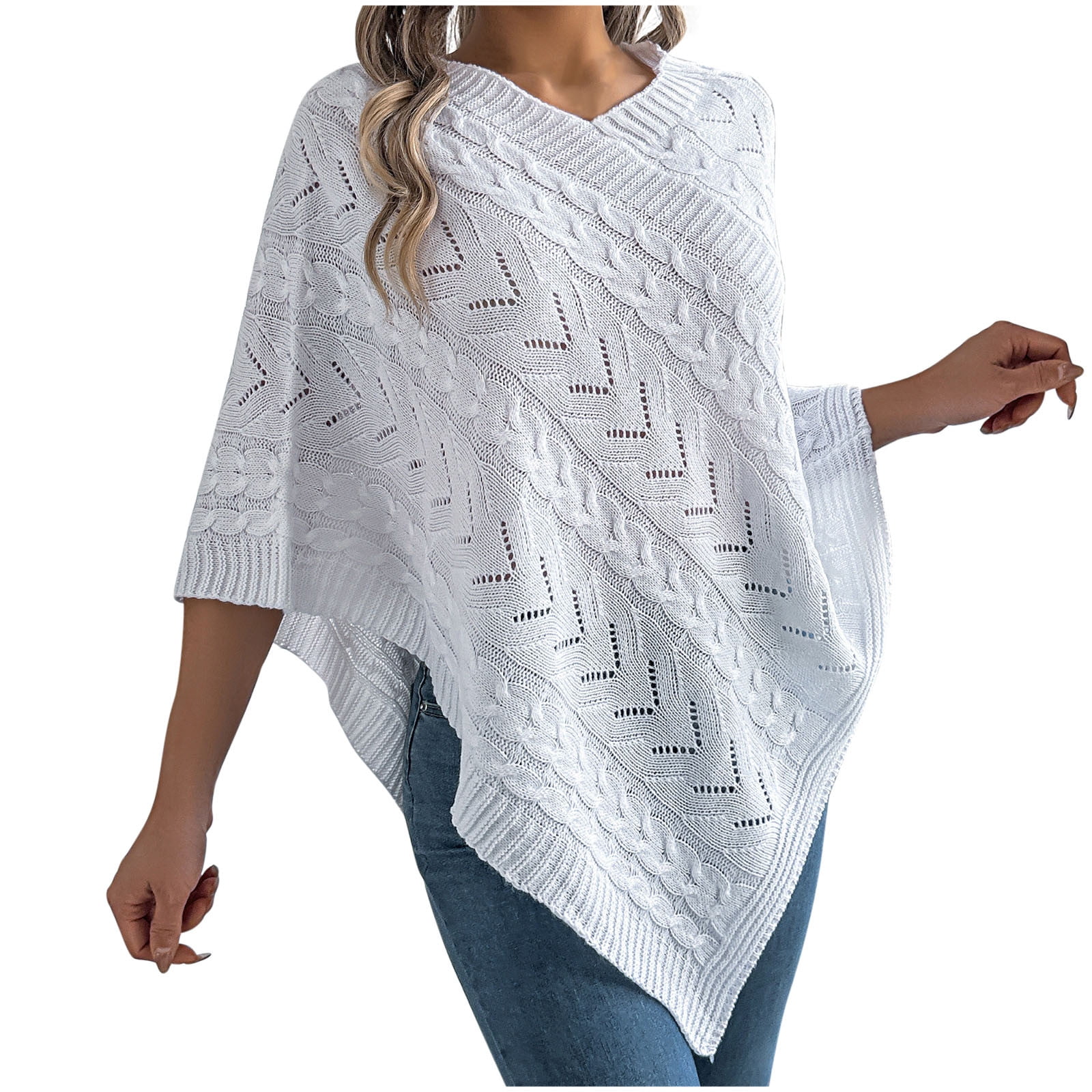Ahdbta Knitted Capes for Women Elegant Wrap V Neck 3/4 Sleeve Hollow ...
