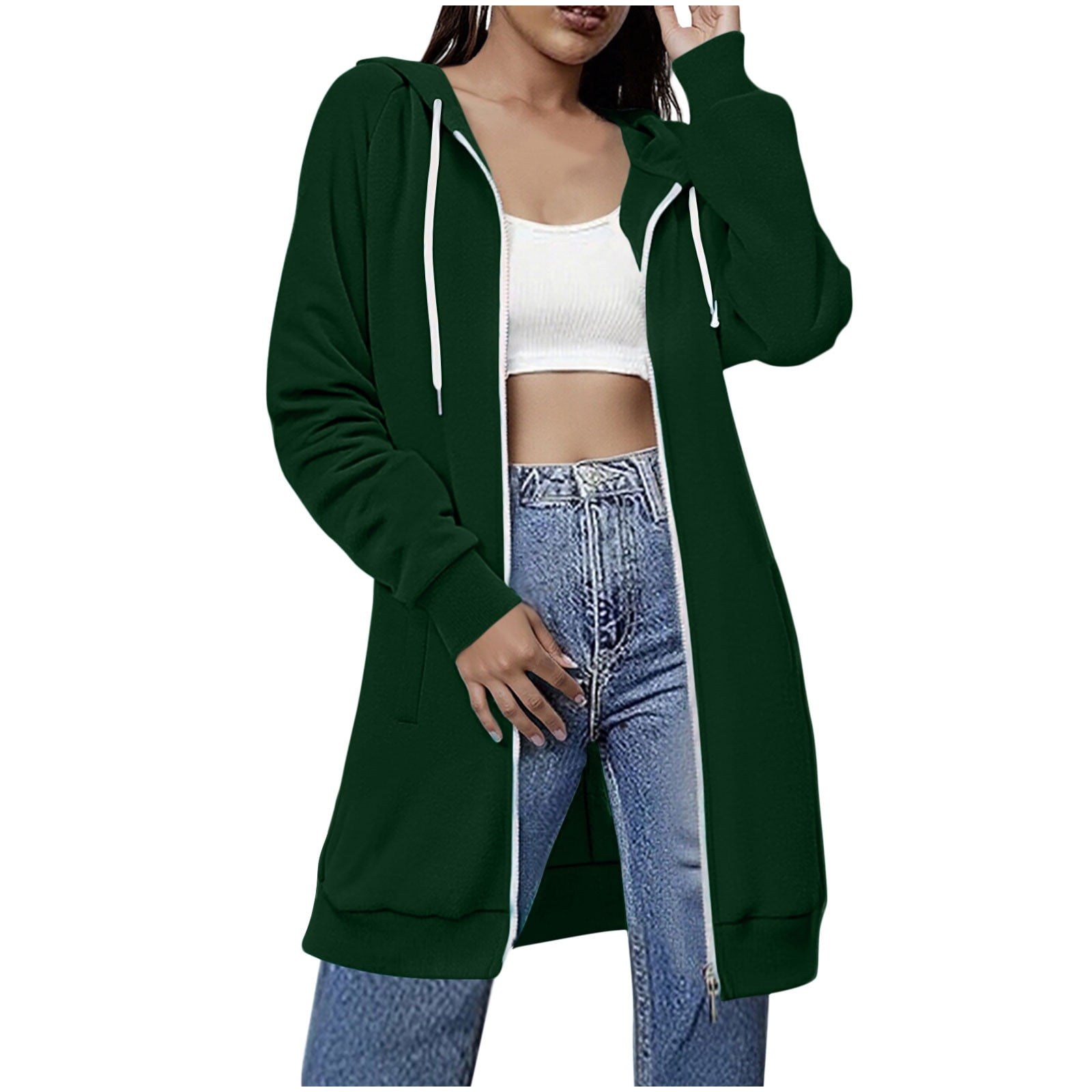 Ahdbta Long Hoodies for Women Full Zip Drawstring Tunic Sweatshirt Coat ...