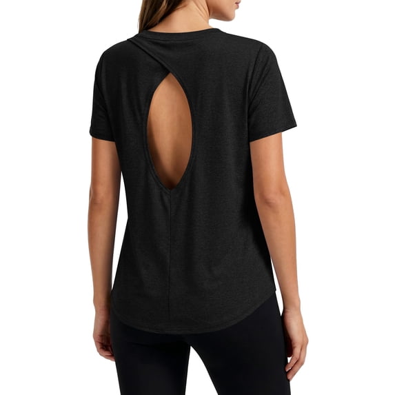 Ahdbta Open Back Workout Tops for Women Short Sleeve Crewneck Athletic ...