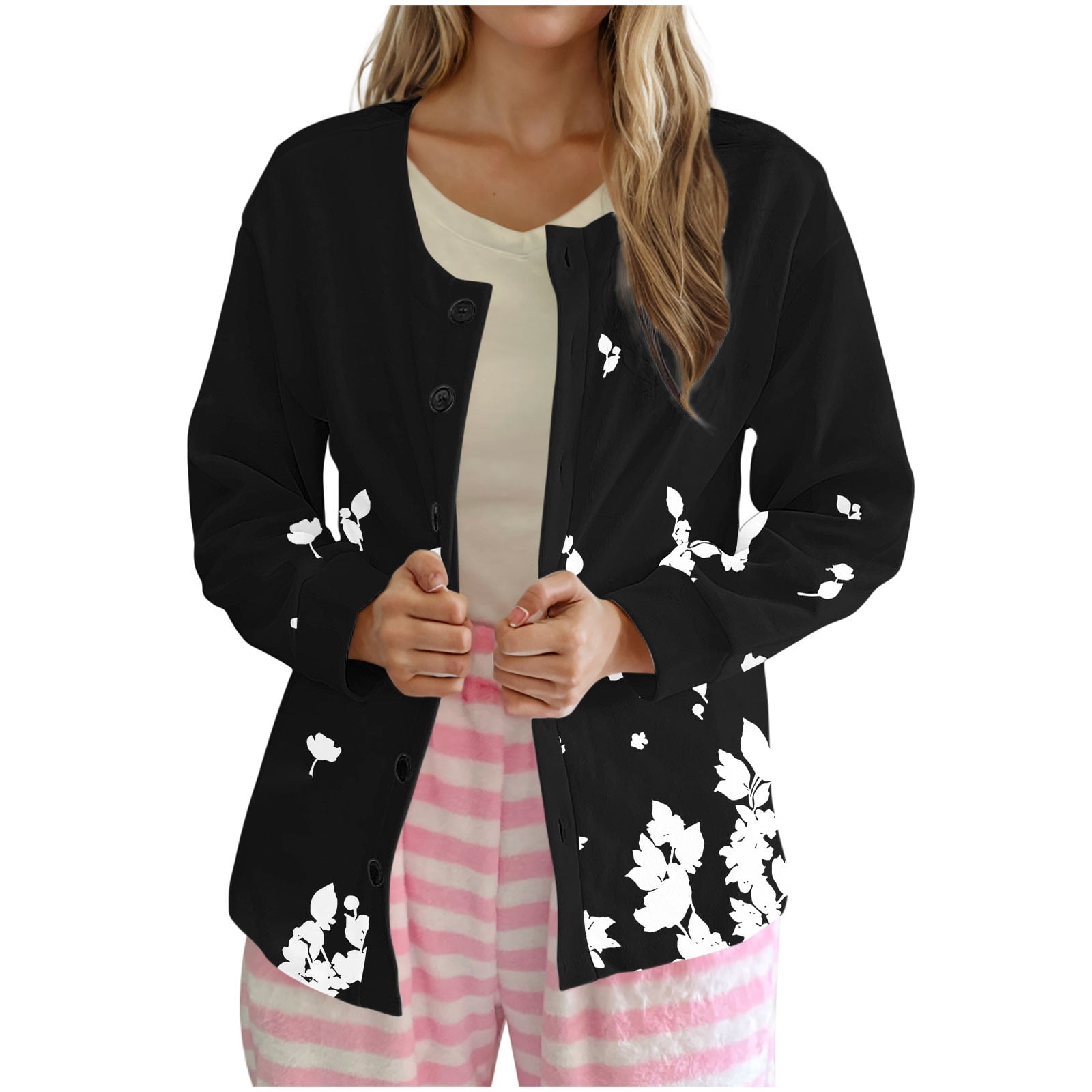 Ahdbta Open Front Jackets for Women Trendy Fall Winter Printed Loose ...