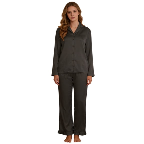 Ahdbta Satin Pajama Set for Women 2 Piece Long Sleeve Button Up Silky ...