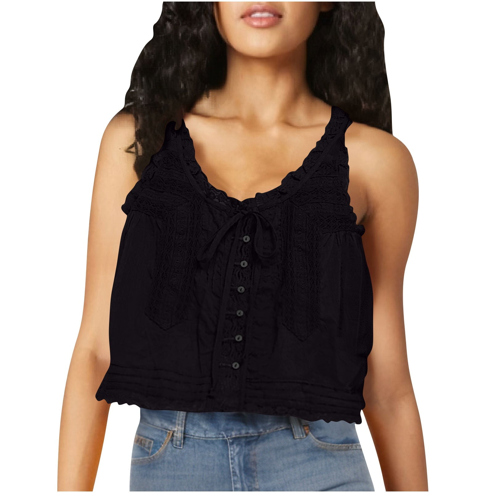 Ahdbta Women Lace Trim Tank Tops Sleeveless Tie Button Front Crop Y2K ...