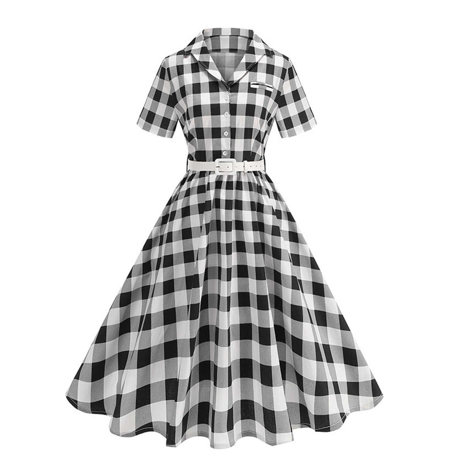 Ahdbta Women Notch Lapel Vintage Cocktail Swing Dresses 50s 60s Button up 1950s Rockabilly Prom ...