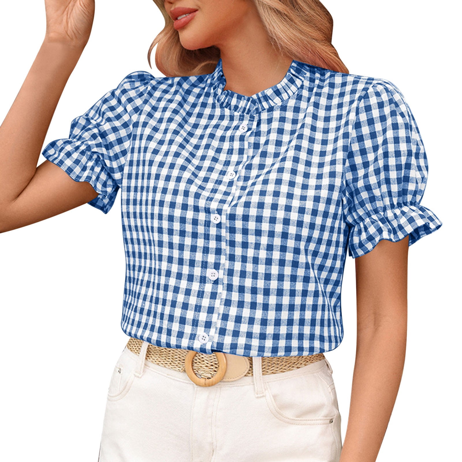 Ahdbta Women Plaid Shirt Gingham Puff Short Sleeve Tops Frill Mock Neck ...