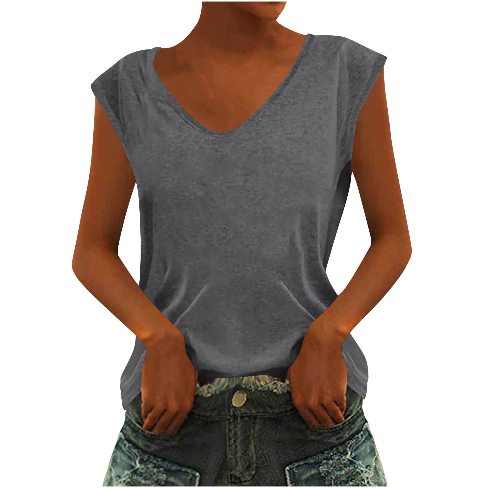 Ahdbta Women's Cap Sleeve Tank Tops V-Neck T Shirts Loose Fit Basic ...