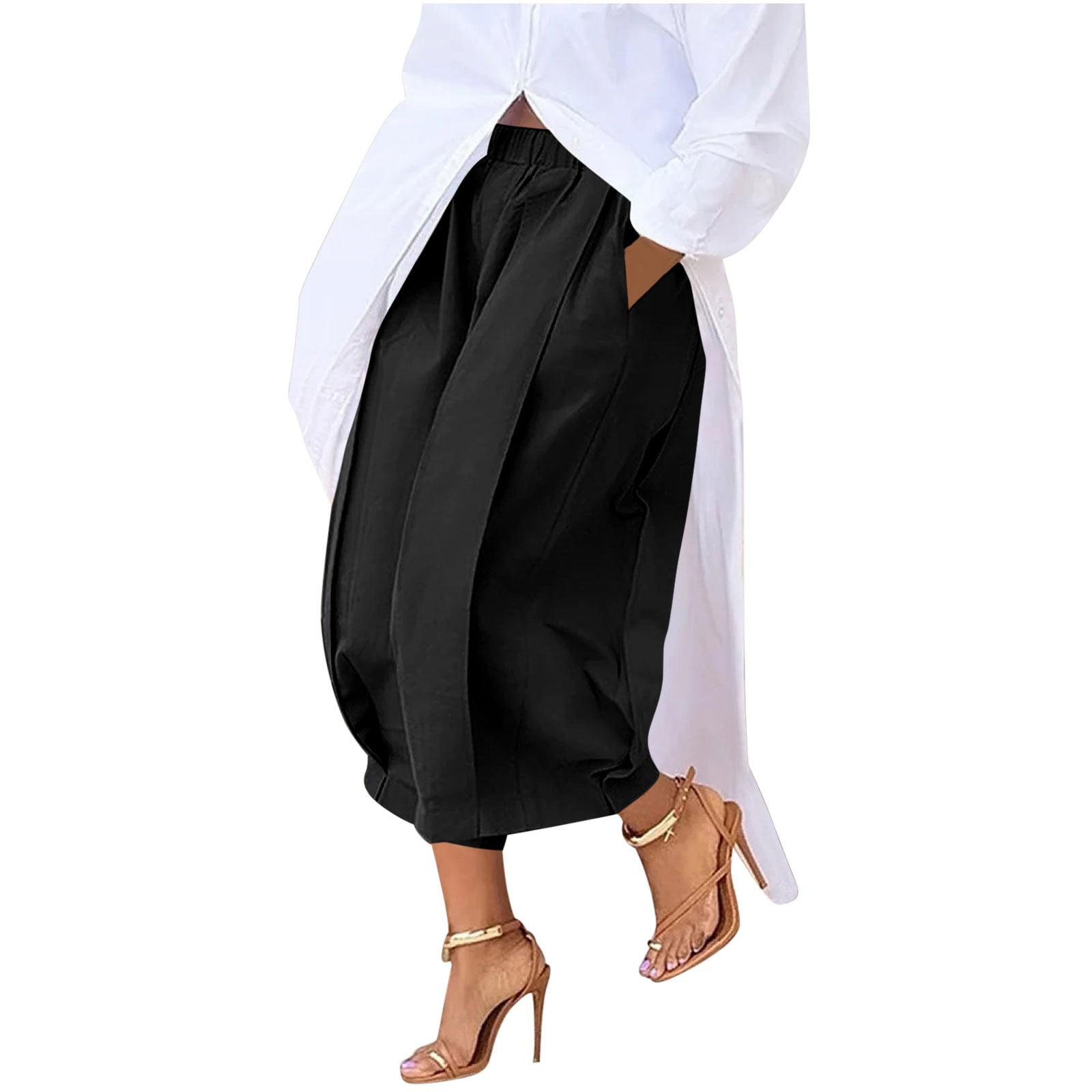 Ahdbta Women's Culottes Wide Leg Cropped Pants Elastic High Waist ...