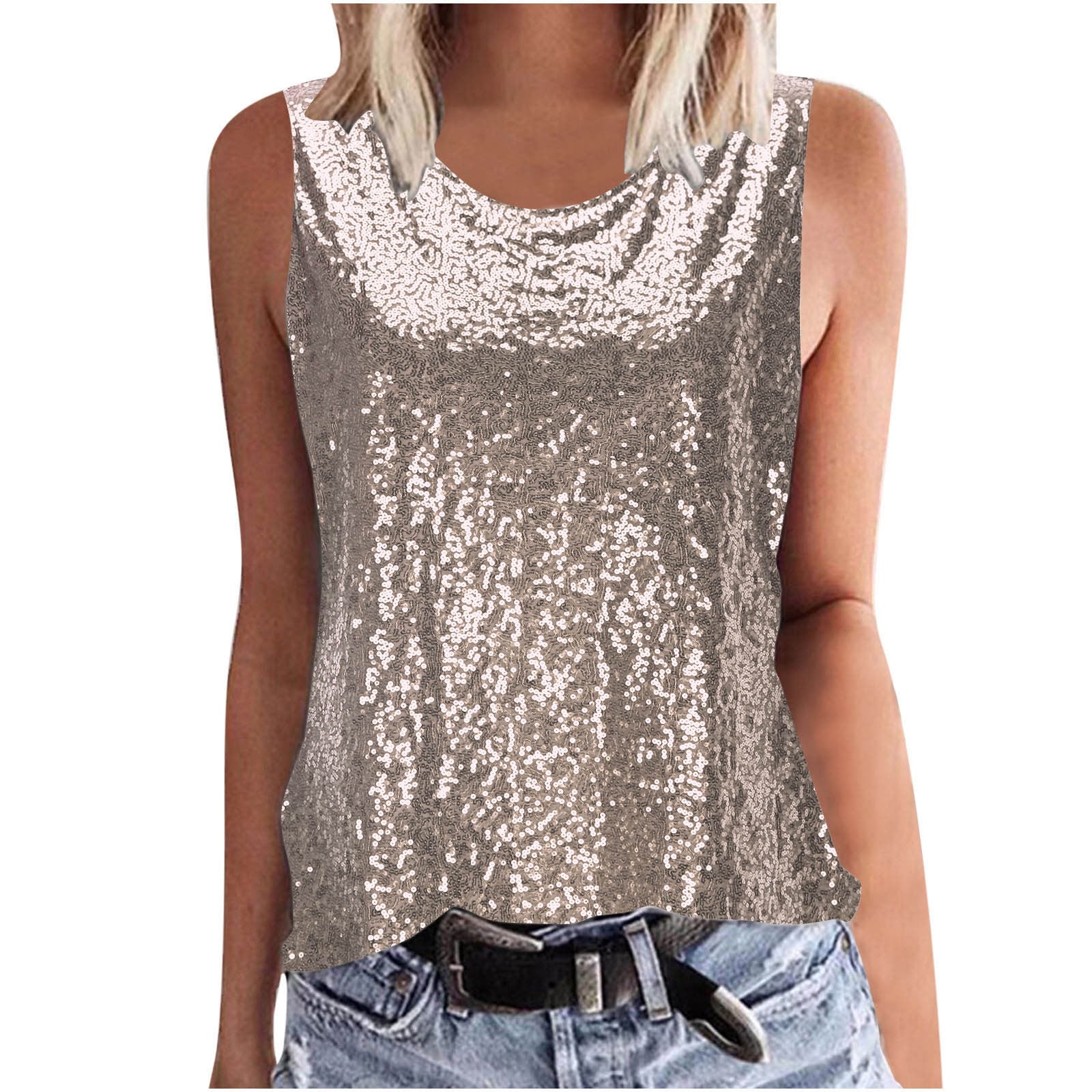 Ahdbta Womens Sequin Tops Sleeveless Crewneck Sparkle Tank Top Shimmer