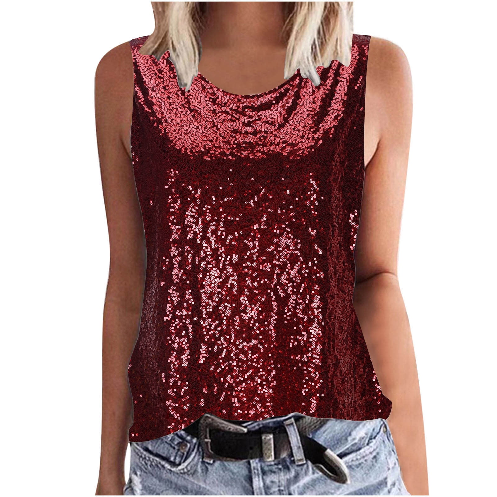 Ahdbta Women's Sequin Tops Sleeveless Crewneck Sparkle Tank Top Shimmer ...